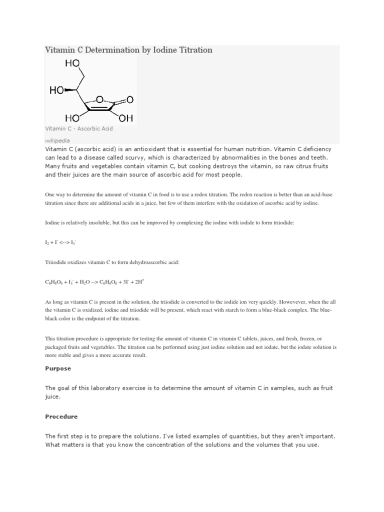 Vitamin C Determination by Iodine | PDF | Titration | Chemistry