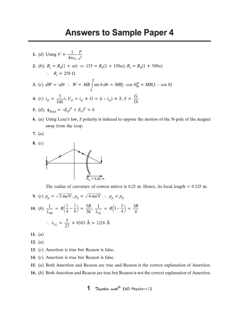 Cbse Cl12 Ead Physics 2026 Edition Ans to Sp 4 | PDF