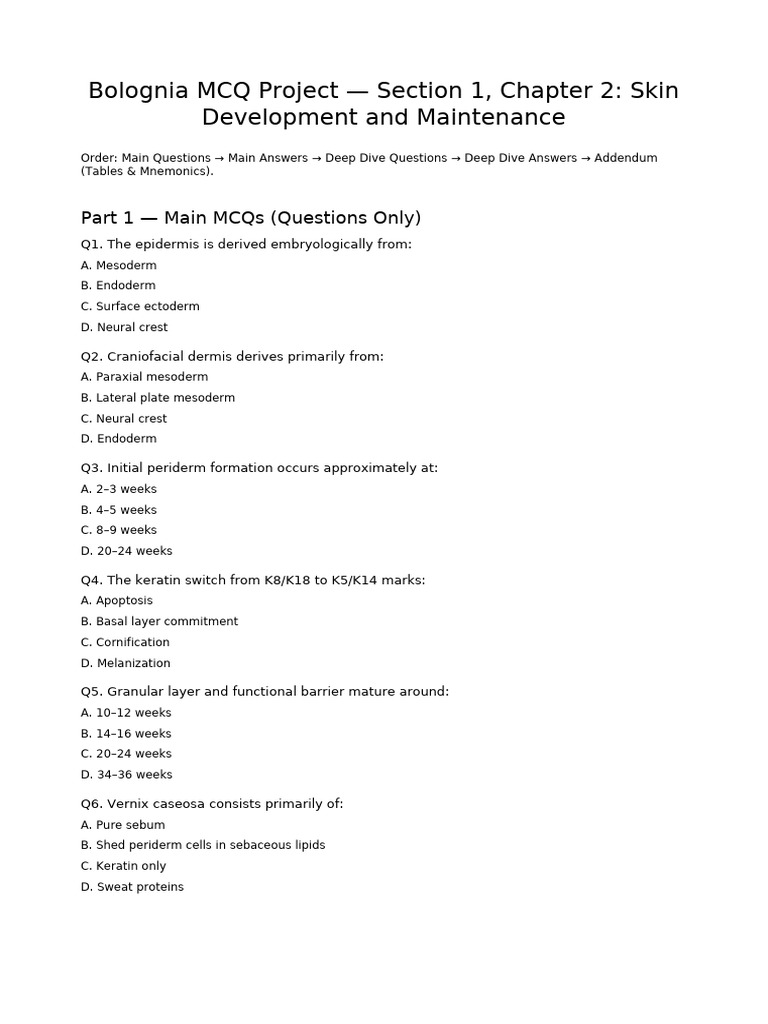 Skin Development MCQs and Answers | PDF | Skin | Epidermis