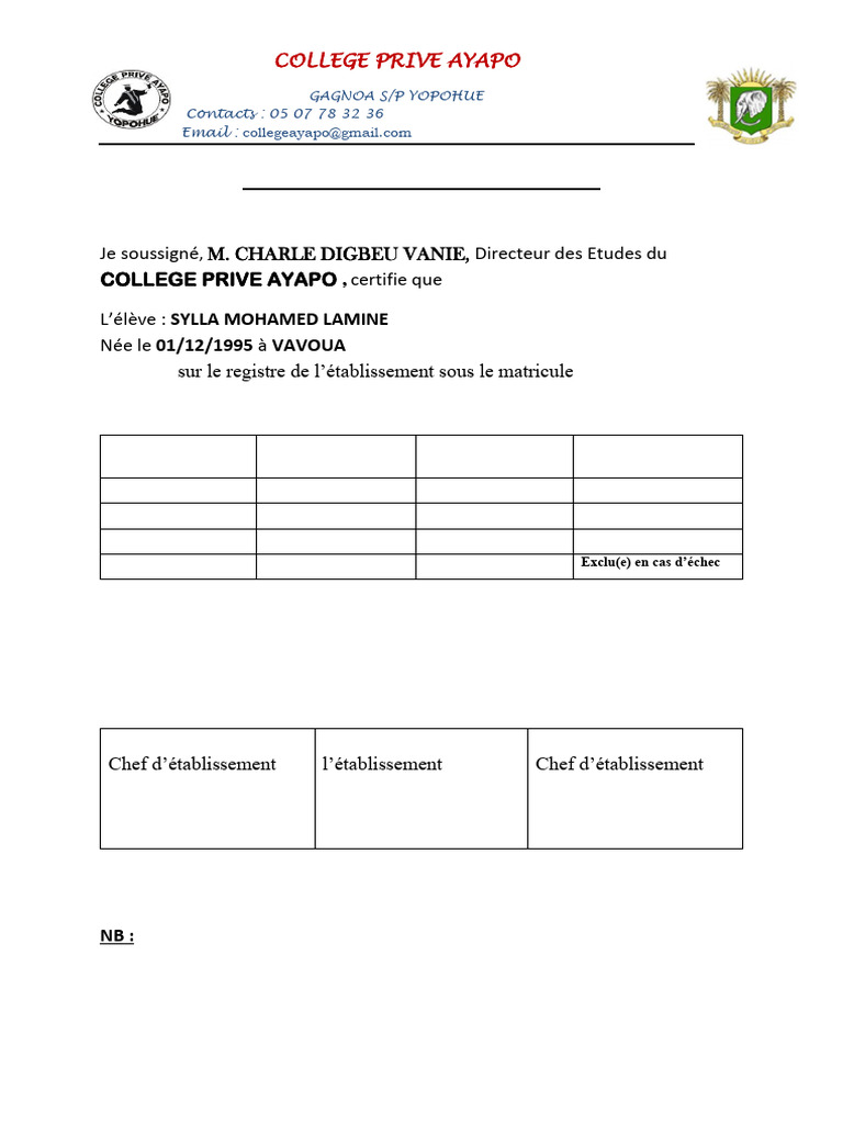 Certificat de Scolarité de Sylla Lamine | PDF