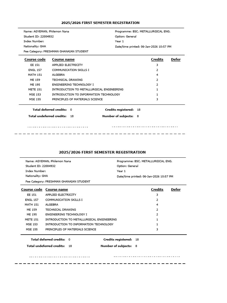 BSc Metallurgical Engineering Course Registration | PDF