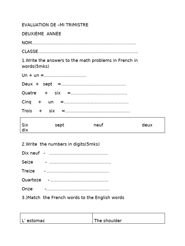 Évaluation de Mathématiques et Vocabulaire Français | PDF