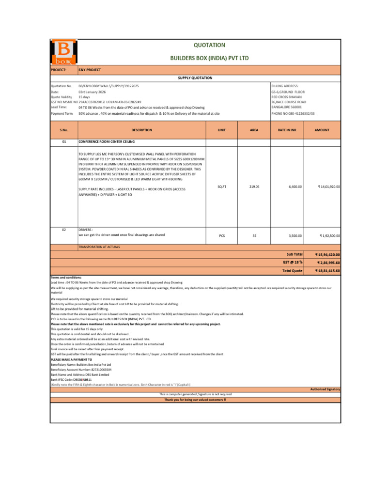 Builders Box Supply Quotation for E&Y Project | PDF