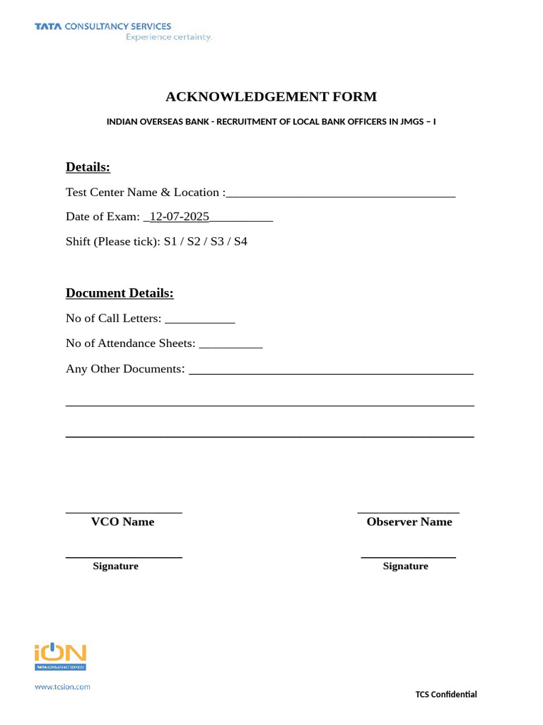 IOB Local Bank Officer Exam Acknowledgement | PDF