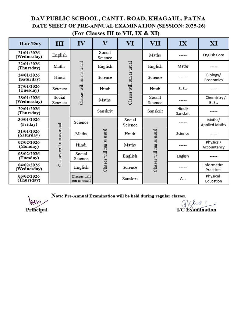 DAV Public School Pre-Annual Exam Dates 2025-26 | PDF