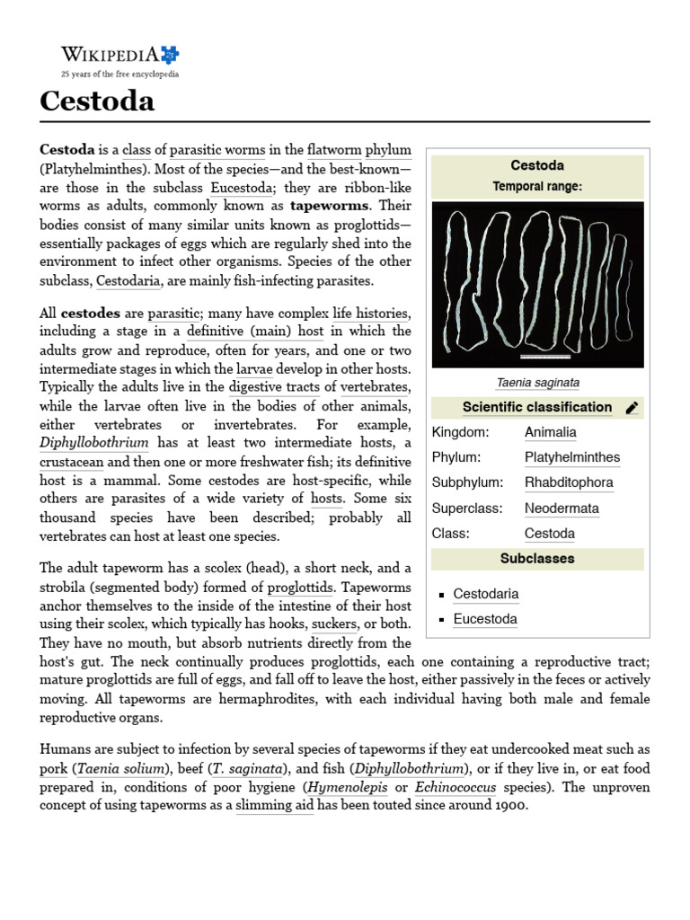 Overview of Cestoda Class Tapeworms | PDF