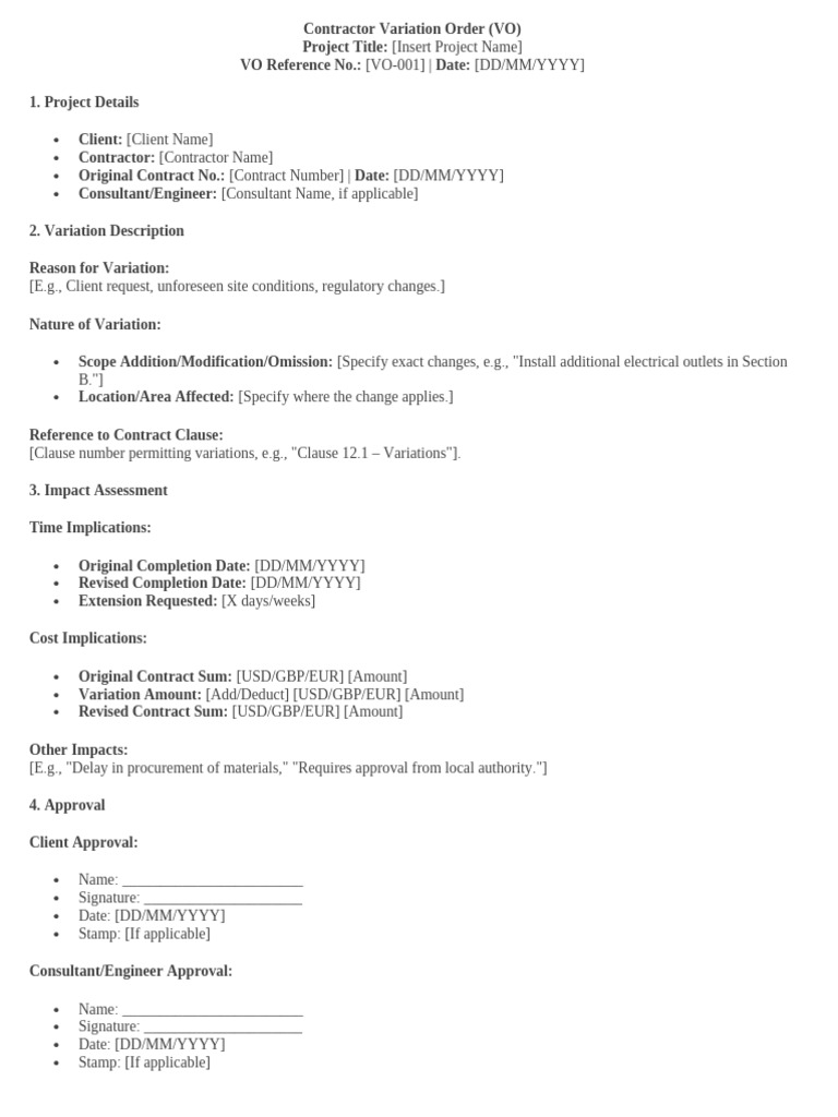 Contractor Variation Order Template | PDF