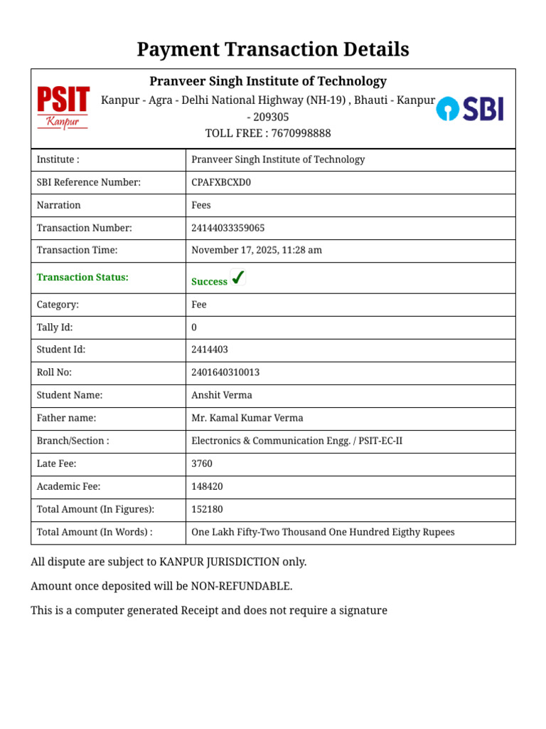 Fee Payment Slip 2nd Year | PDF
