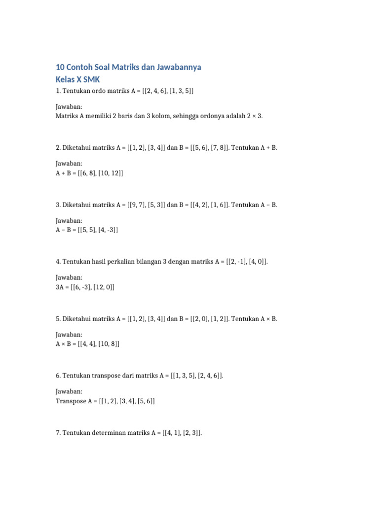 10 Contoh Soal Matriks Kelas X SMK | PDF