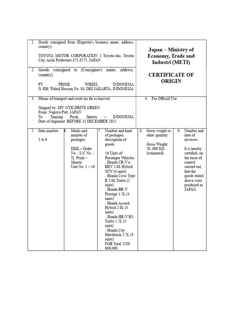 Japan to Indonesia Vehicle Export Certificate | PDF | Honda | Front ...