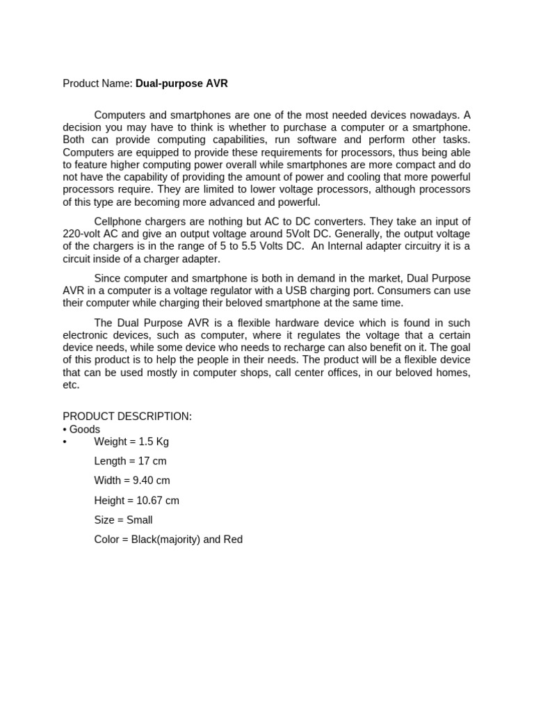 Dual Purpose AVR Product Description and Specification | PDF | Battery ...