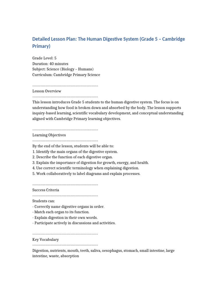 Grade 5 Digestive System Lesson Plan | PDF | Digestion | Human ...