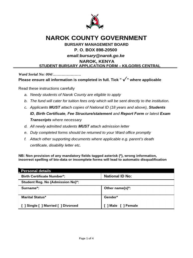 Narok County Student Bursary Form | PDF