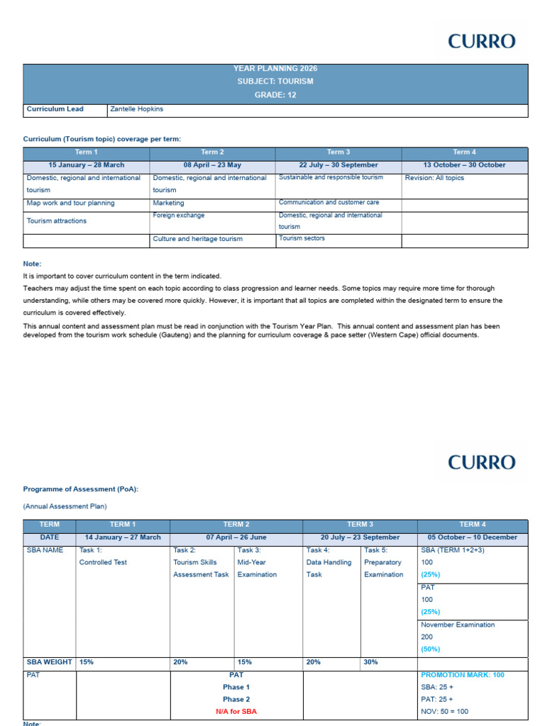 Grade 12 Tourism Year Plan 2026 | PDF | Tourism | Payments