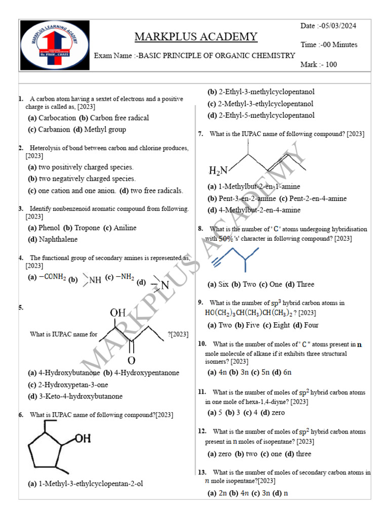 Organic Chemistry Exam Questions 2024 | PDF | Aromaticity | Pyridine