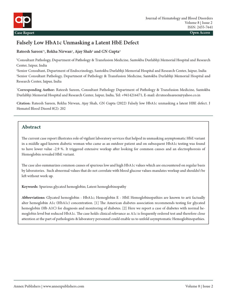 Falsely Low HbA1c Reveals HbE Defect | PDF | Glycated Hemoglobin ...
