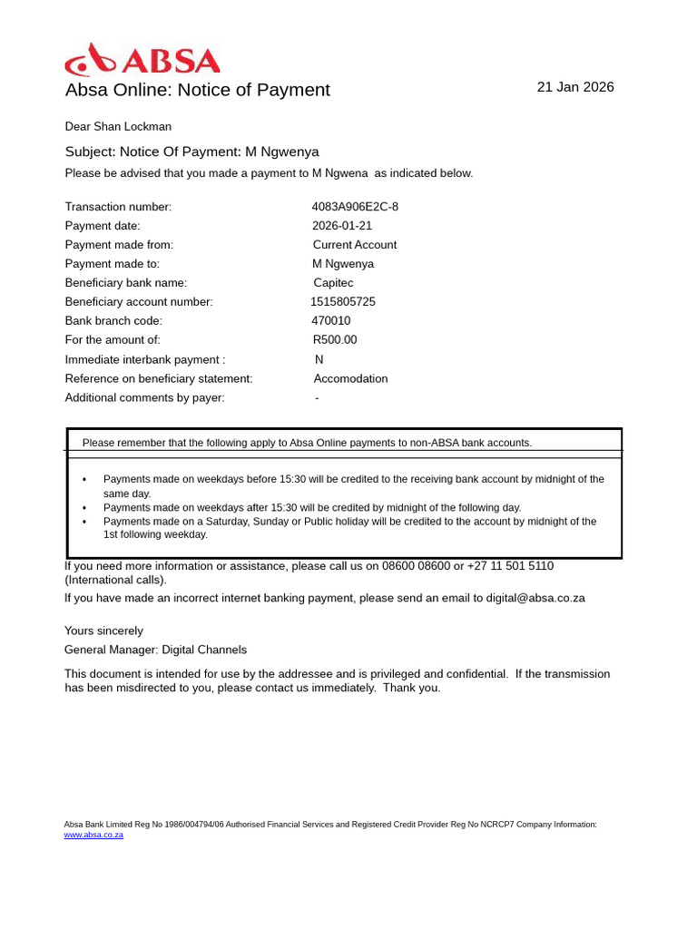 Absa Online Payment Confirmation Notice | PDF