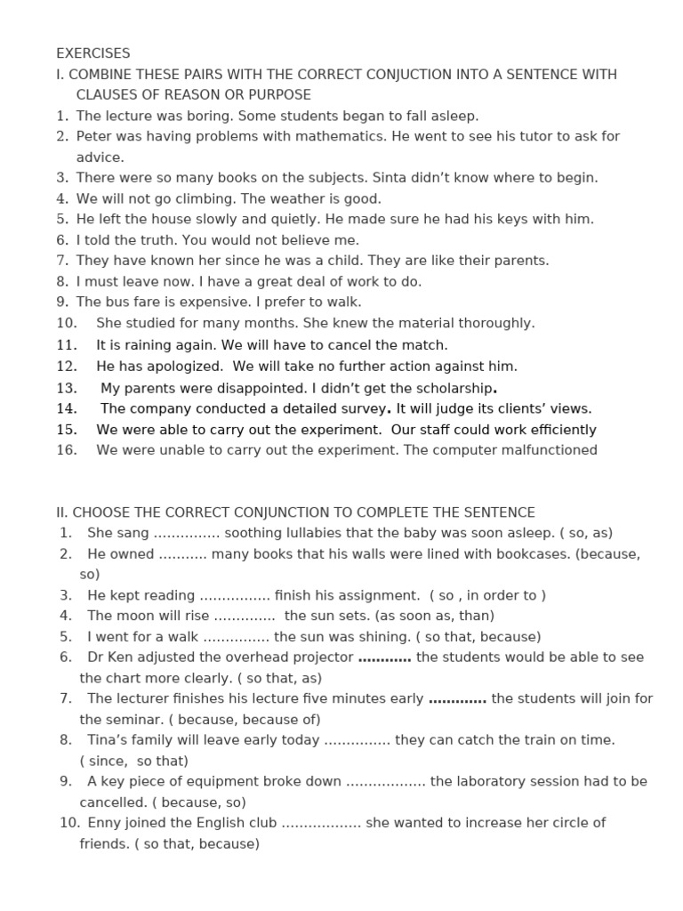 Conjunction Exercises for Sentence Structure | PDF
