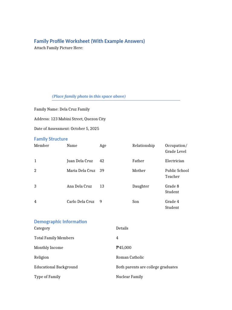 Family Profile Worksheet With Picture Space | PDF