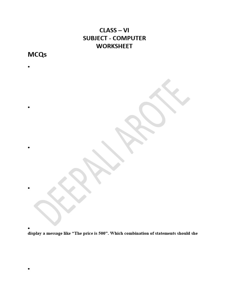 Computer Worksheet for Class VI MCQs | PDF | Microsoft Excel | Python ...