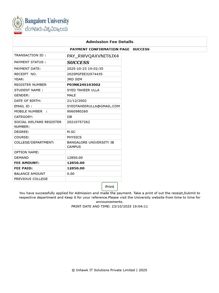 Fee Receipt | PDF