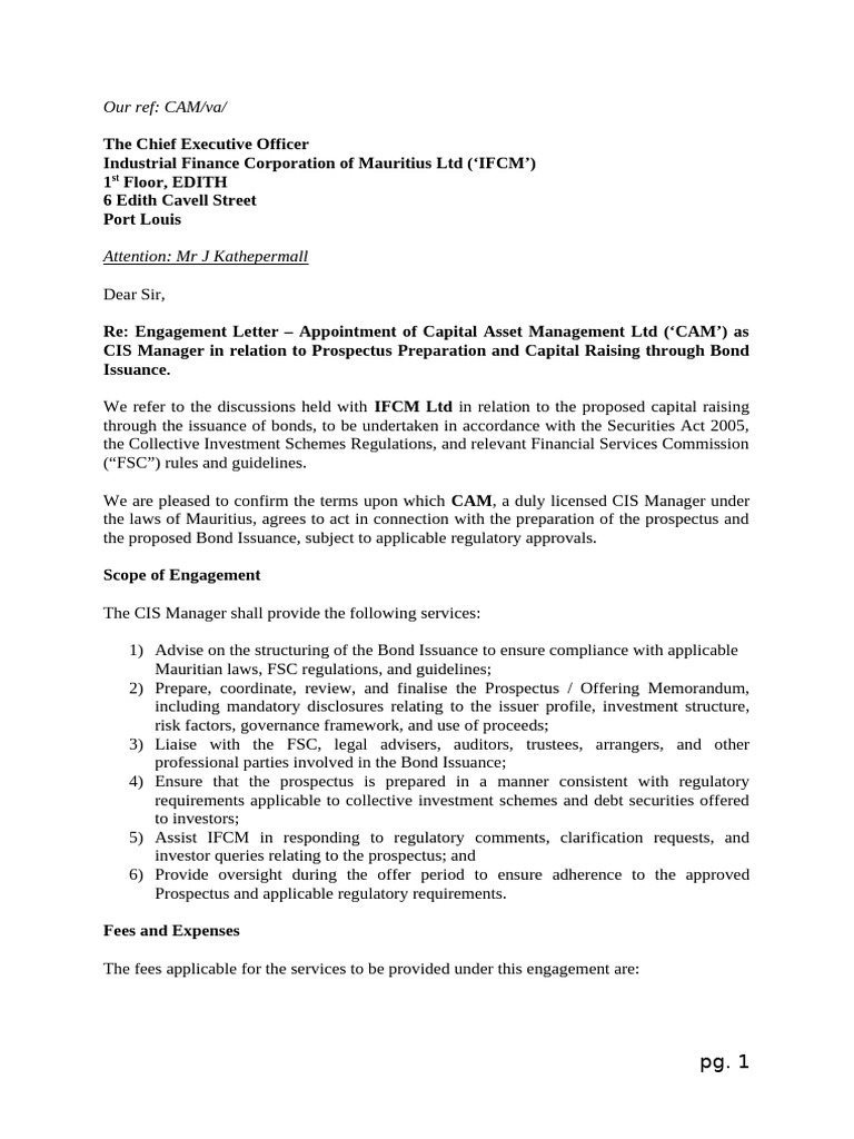 Engagement Letter - IFCM | PDF | Indemnity | Securitization