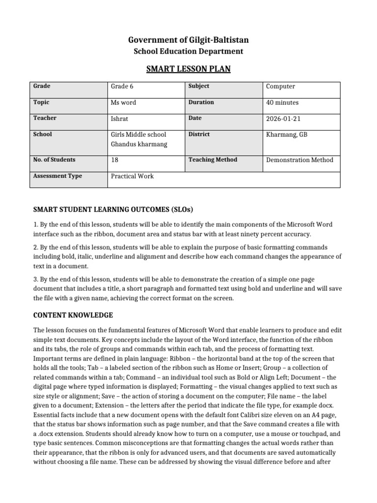 Grade 6 MS Word Lesson Plan | PDF | Microsoft Word | Computing