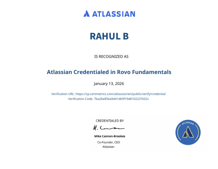 Atlassian Credentialed in Rovo Fundamentals Certificate | PDF