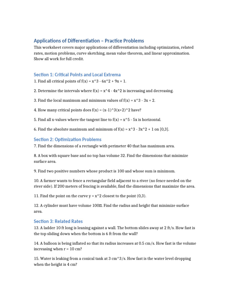 Application of Differentiation Practice | PDF | Area | Acceleration