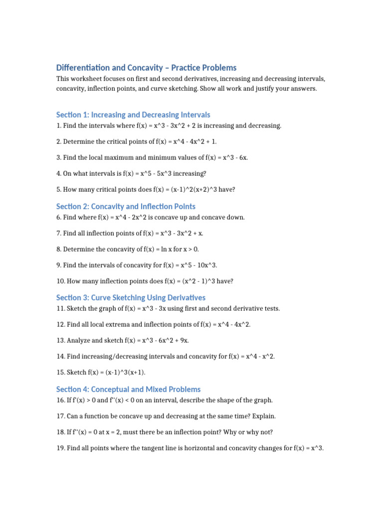 Differentiation and Concavity Exercises | PDF | Differential Calculus ...