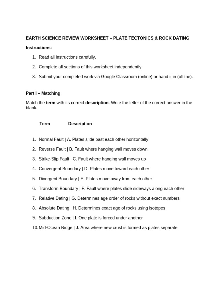 Earth Science Review Worksheet - Plate Tectonics & Rock Dating | PDF ...