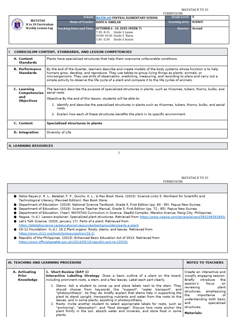 Grade 5 Science: Specialized Plant Structures | PDF | Root | Plants