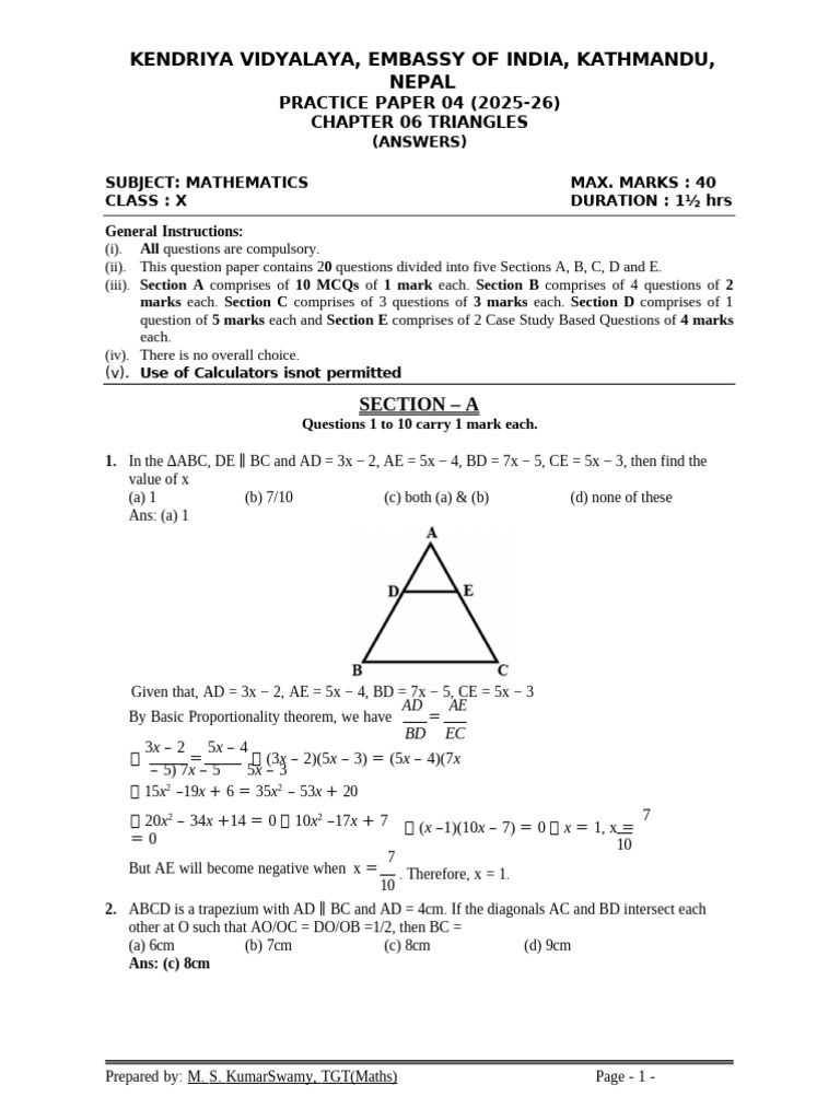 Class X Maths Practice Paper: Triangles | PDF | Elementary Geometry ...