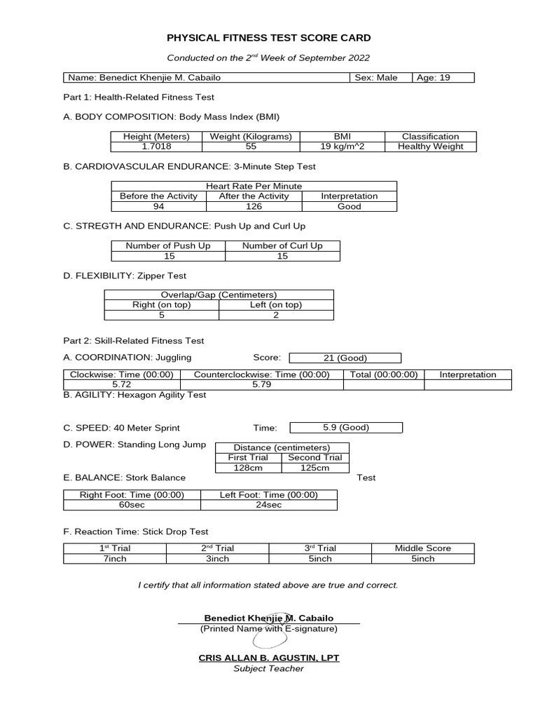 Physical Fitness Test Score Card Cabailo Bsece2a | PDF | Body Mass Index