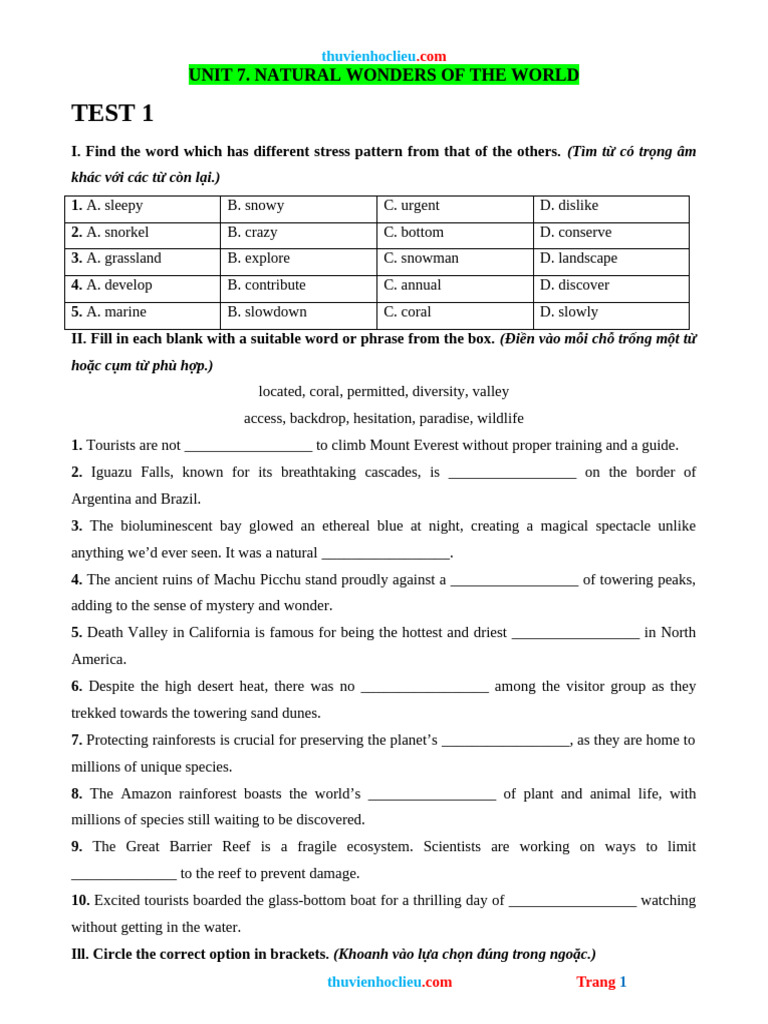 Natural Wonders Test: Vocabulary & Grammar | PDF | Tulip | Coral Reef