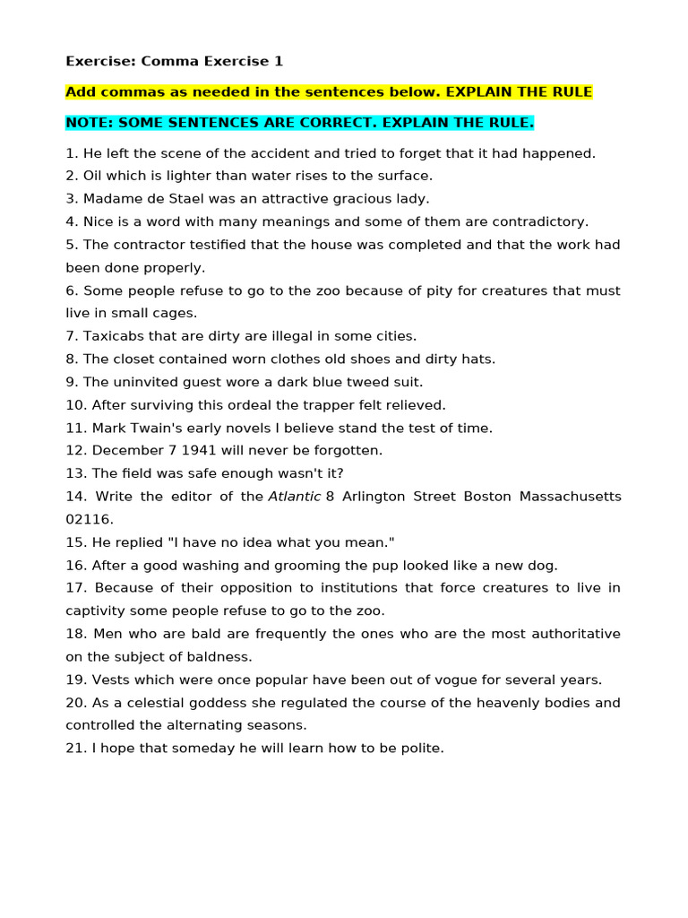 Comma Usage Exercise with Rules | PDF