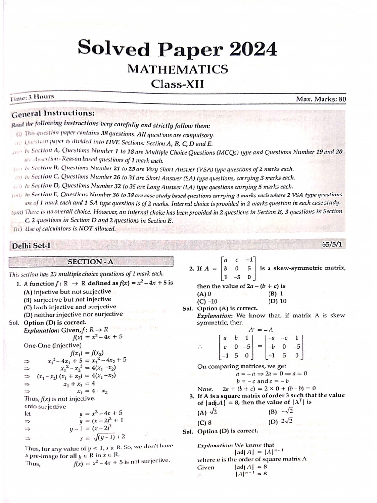 Mathematics Solved Paper 2024 | PDF