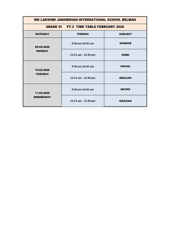 Grade VI PT-3 Timetable February 2026 | PDF