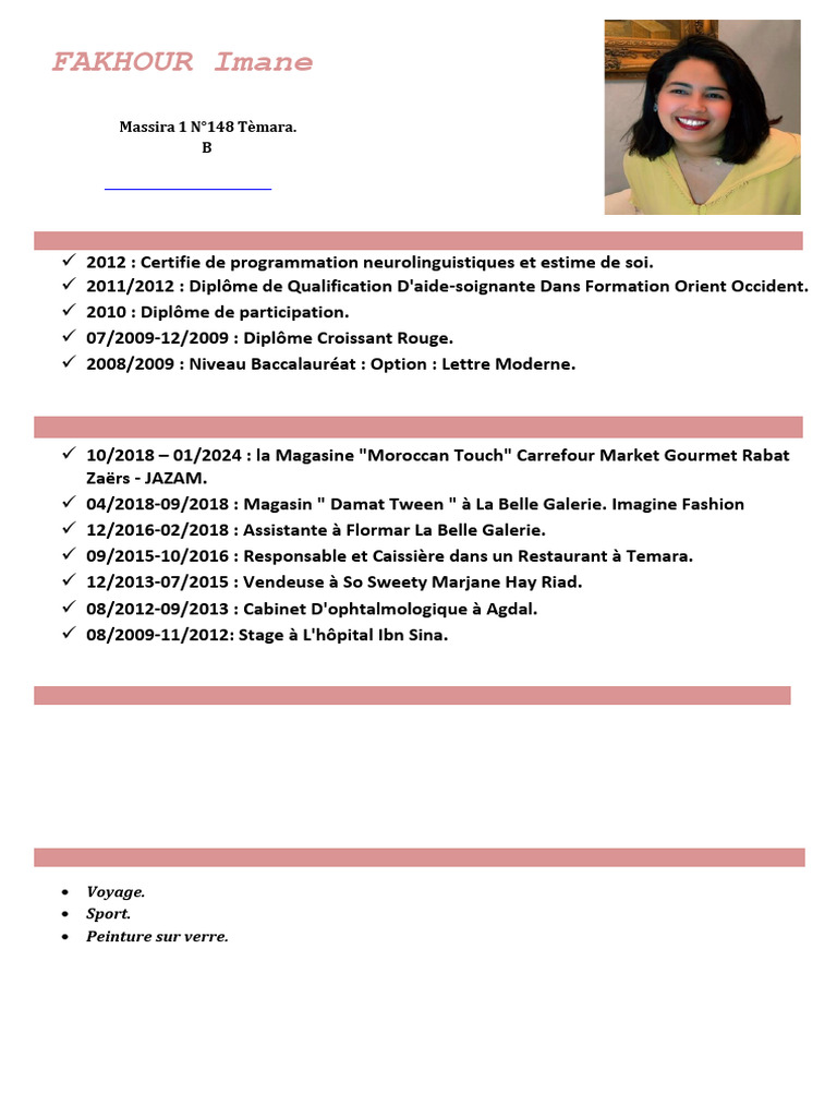 CV d'Imane Fakhour : Expériences et Diplômes | PDF