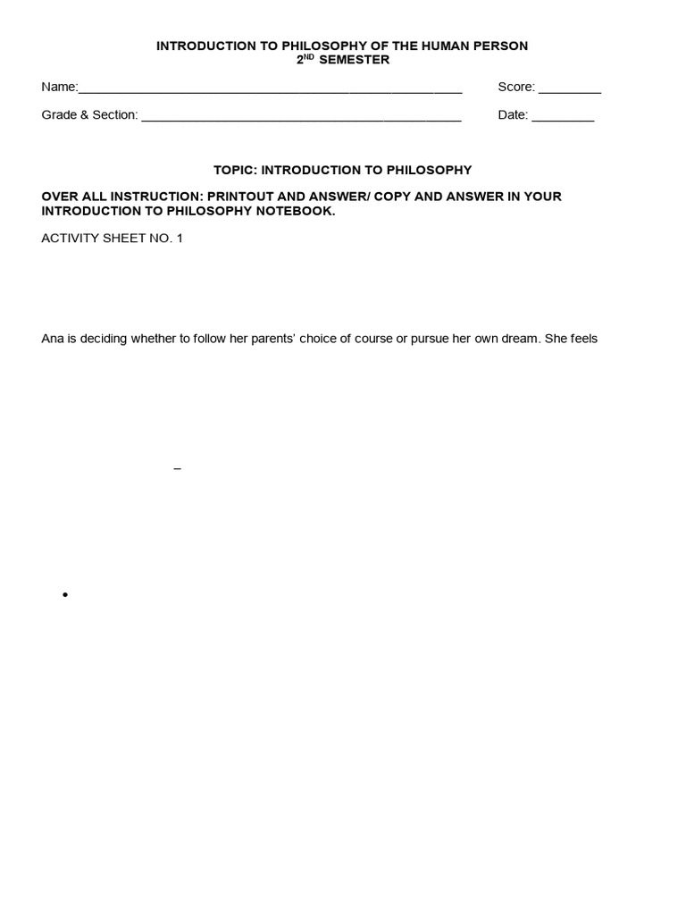 Introduction To Philosophy of The Human Person Activity Sheet 1 | PDF ...