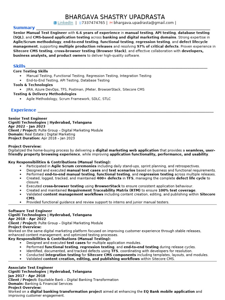 Bhargava Upadrasta Senior Test Engineer | PDF | Software Testing ...