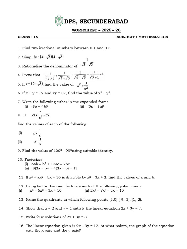 Class IX Mathematics Worksheet 2025-26 | PDF | Area | Triangle