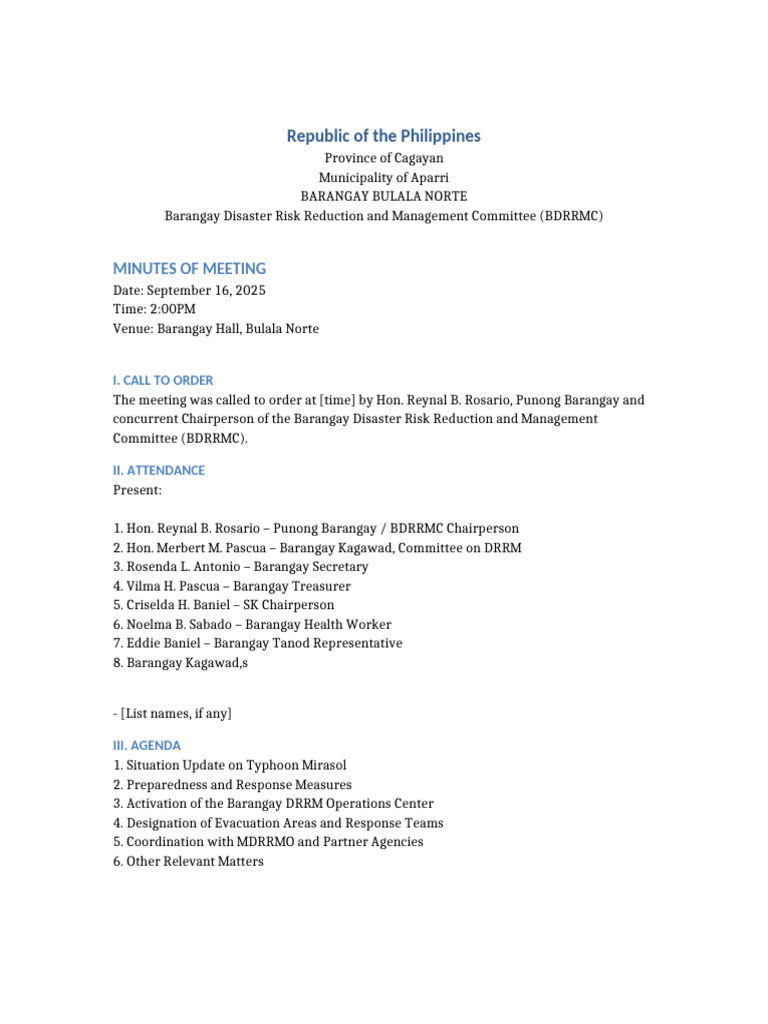 BDRRM Minutes of Meeting Typhoon Mirasol | PDF | Natural Hazards | Typhoon