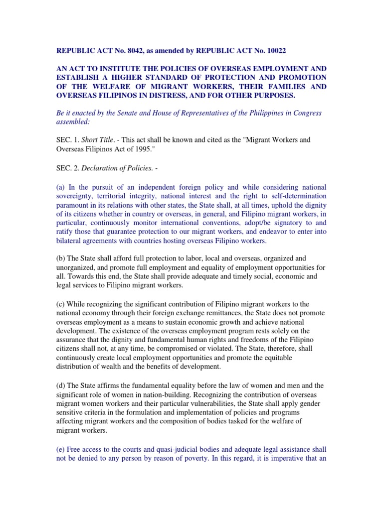 RA 8042, As Amended by RA 10022 | PDF | Migrant Worker | Employment