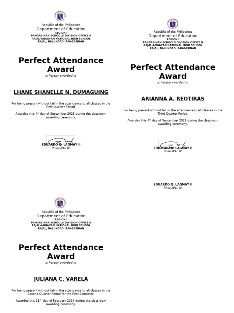 Perfect Attendance Awards 2025-2024 | PDF
