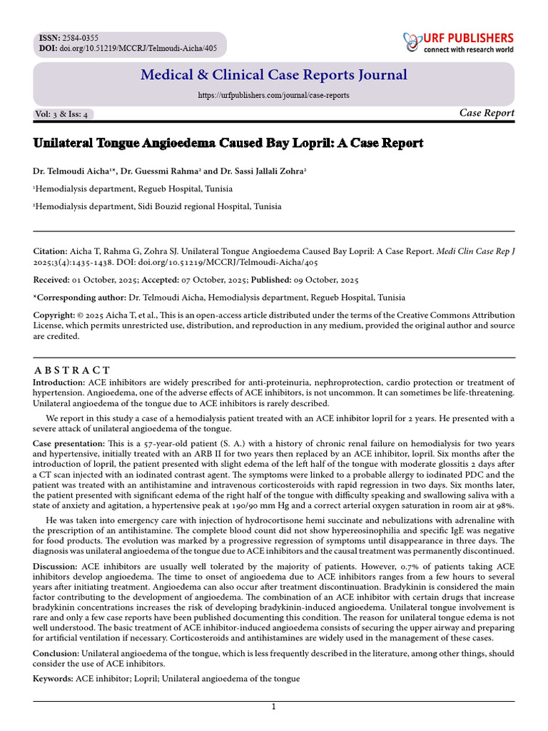 Unilateral Tongue Angioedema Caused Bay Lopril: A Case Report | PDF ...