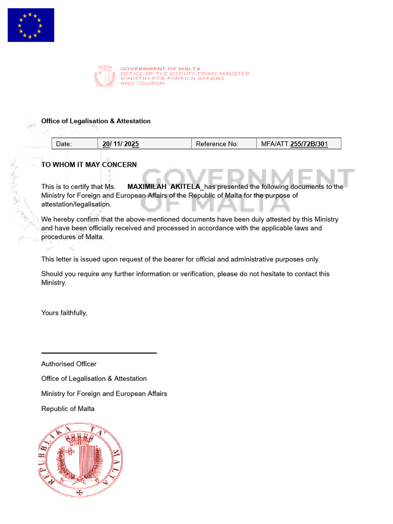 SAMPLE Malta MFA Attestation With Invoice | PDF