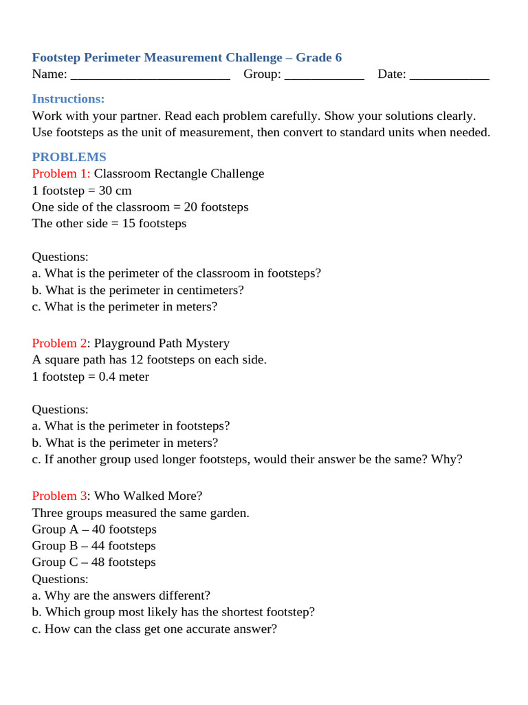 Grade 6 Footstep Measurement Challenge | PDF