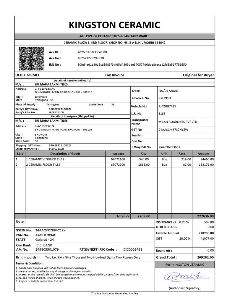 Tax Invoice for Ceramic Tiles Purchase | PDF | Invoice | Economy Of India