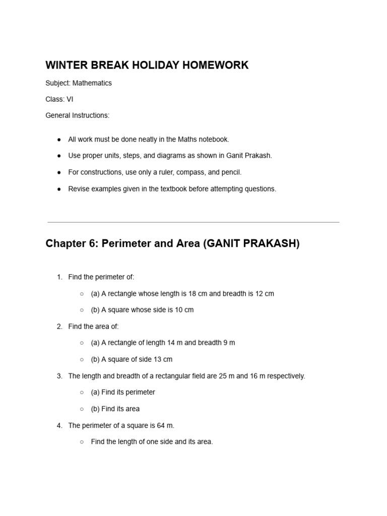 Math Std 6 Winter Break Holiday Hw | PDF